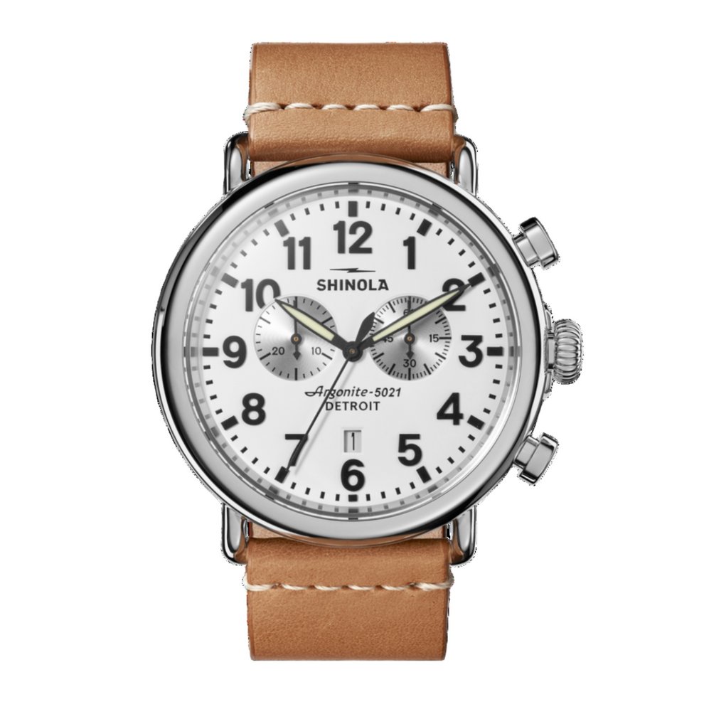 Runwell 2 Eye Chronograph Watch 47mm - Tan Leather Strap (White ...